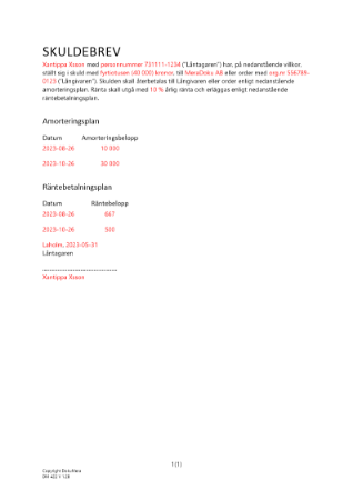 Löpande skuldebrev amorteringsplan | DokuMera