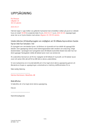 Uppsägning pga obetald hyra | DokuMera