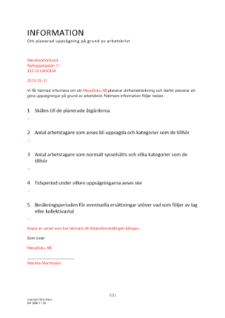 Information till facklig organisation om planerad uppsägning pga arbetsbrist | DokuMera