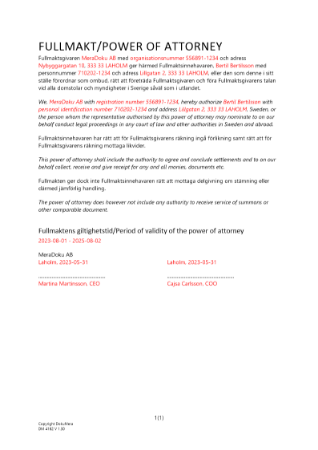 Fullmakt domstols- och myndighetsärenden - Bred kombinerad Svensk och Engelsk | DokuMera