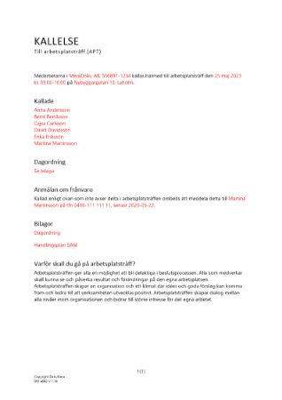 Kallelse arbetsplatsträff | DokuMera