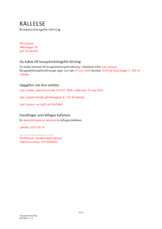 Kallelse till bouppteckningsförrättning | DokuMera