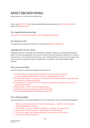 Arbetsbeskrivning Samordnare av informationssäkerhet | DokuMera