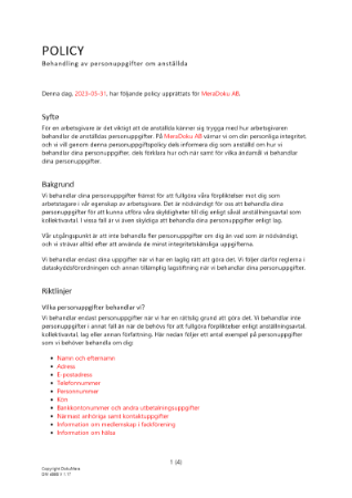 Policy för behandling av personuppgifter (Anställd) | DokuMera