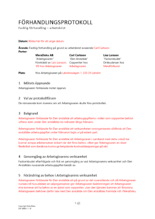 Protokoll facklig förhandling arbetsbrist | DokuMera