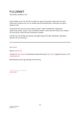 Fullmakt företräda medlem i bostadsrättsförening | DokuMera