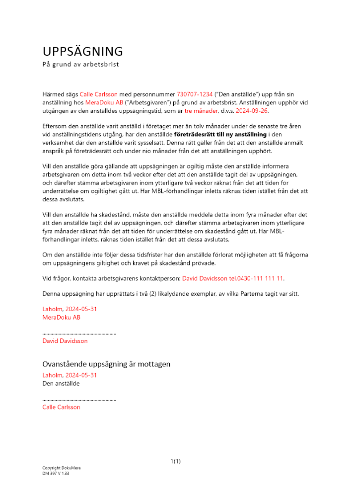 Uppsägning av anställd pga arbetsbrist med företrädesrätt till återanställning | DokuMera