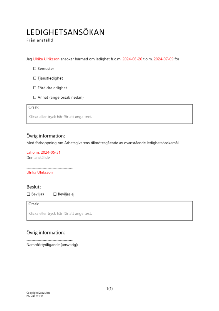 Ledighetsansökan | DokuMera