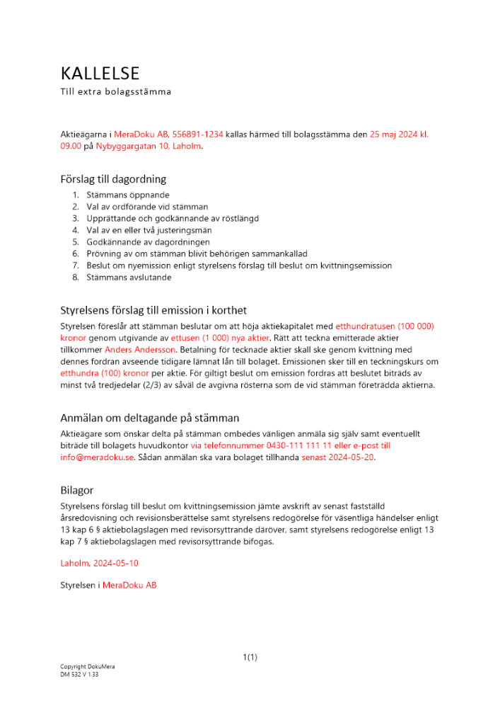 Kallelse extra bolagsstämma kvittningsemission | DokuMera