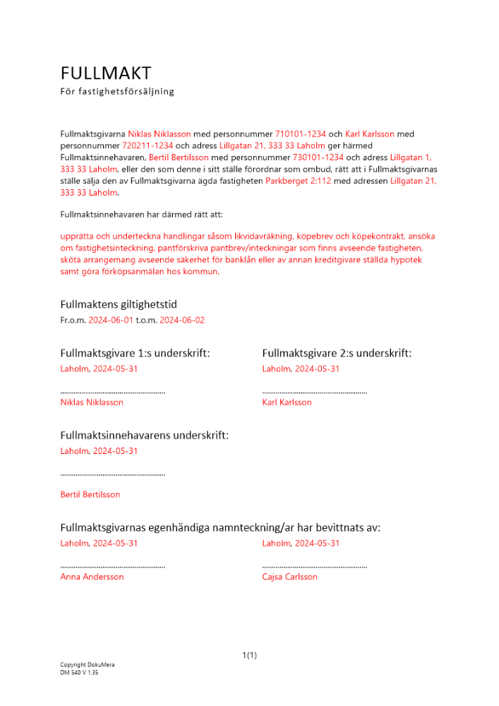 Fullmakt fastighetsförsäljning 2 ägare | DokuMera