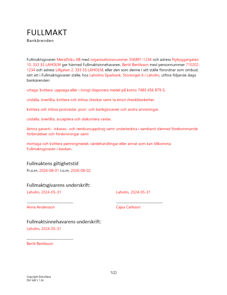 Fullmakt dagliga bankärenden | DokuMera