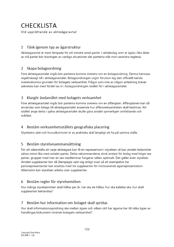 Checklista aktieägaravtal | DokuMera
