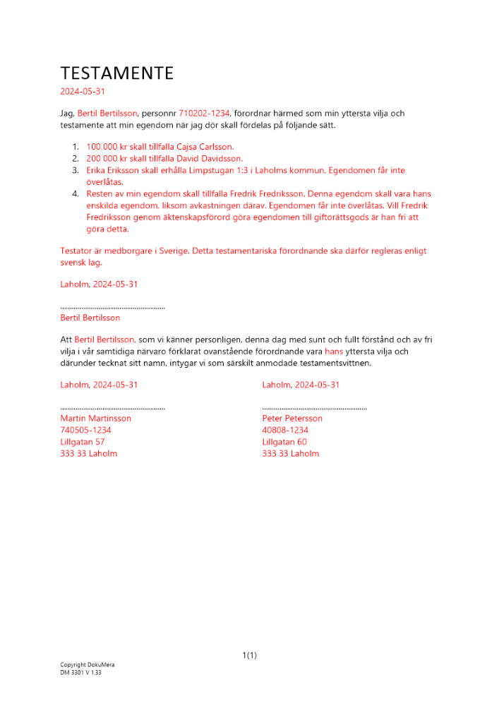 Testamente (Ensamstående utan barn) | DokuMera