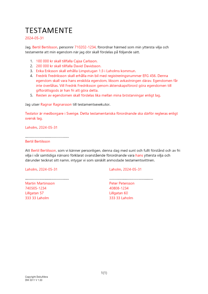 Testamente (Till förmån för viss person och testamentsexekutor) | DokuMera