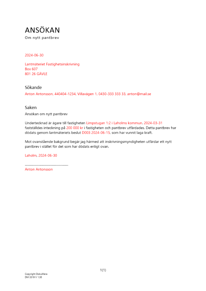 Ansökan om utfärdande av nytt pantbrev – Privatperson | DokuMera