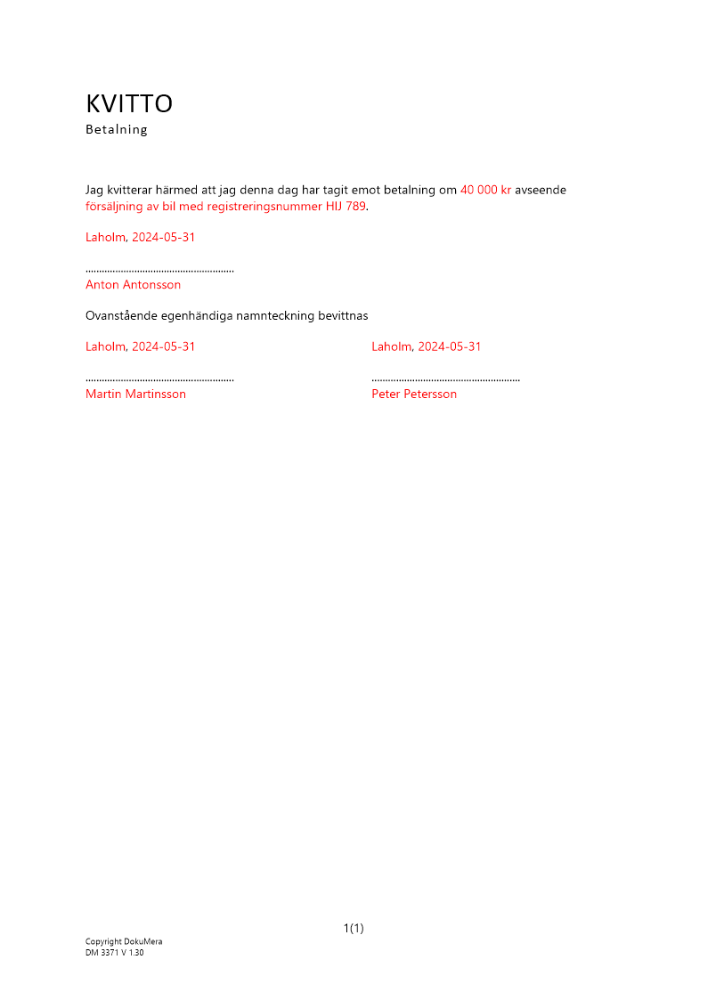 Kvitto ang. betalning – Privatperson | DokuMera