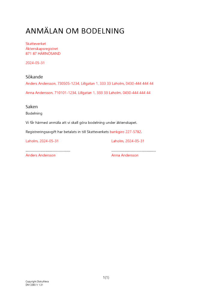 Anmälan om bodelning – pågående äktenskap | DokuMera