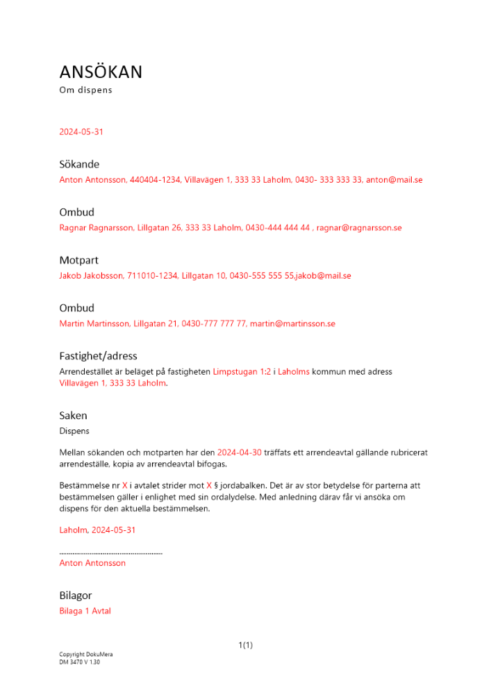 Ansökan ang. begäran om dispens - Arrende | DokuMera