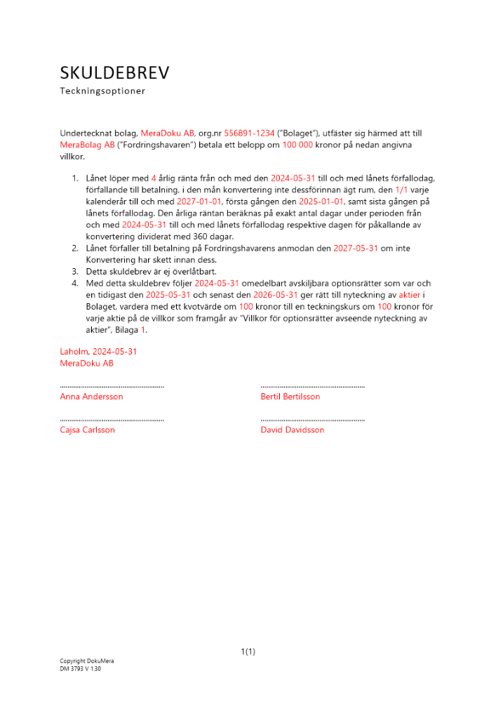 Skuldebrev (Enkelt) - Avskiljbara teckningsoptioner | DokuMera