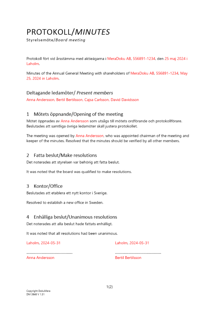Styrelsemöte - Protokoll gällande etablering av nytt kontor i Sverige ...