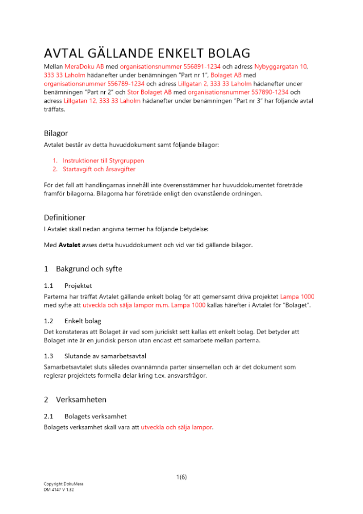 Avtal gällande enkelt bolag (projektsamarbete) | DokuMera