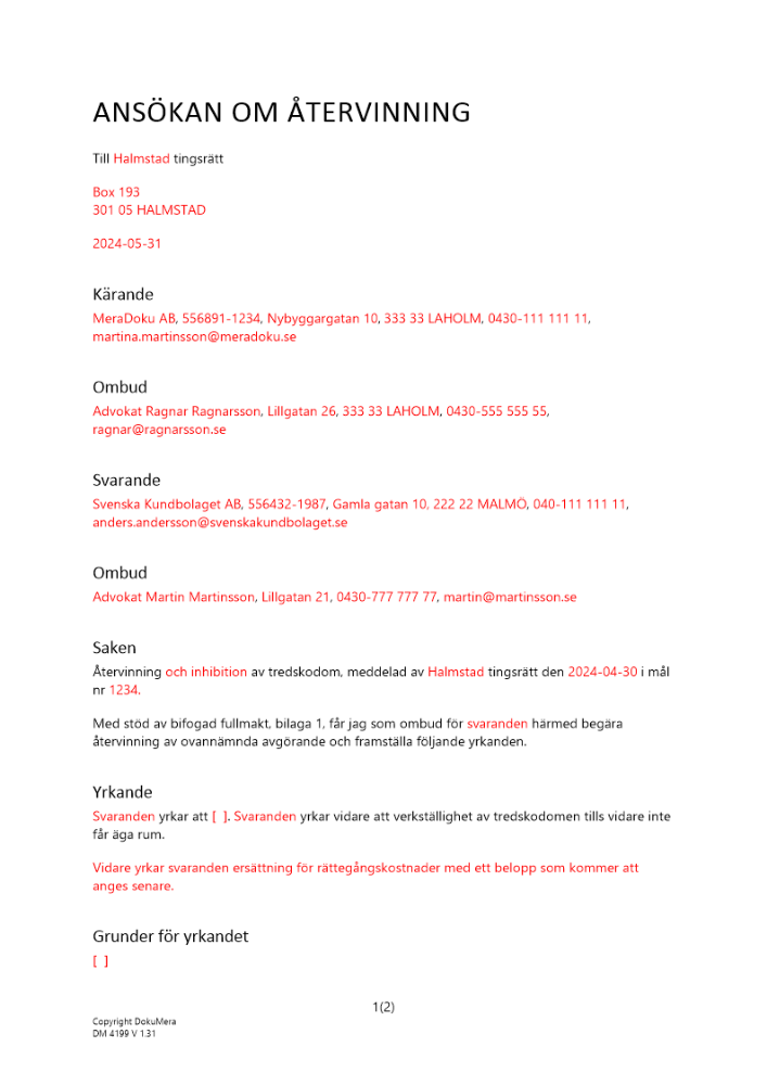 Ansökan om återvinning (tredskodom) | DokuMera
