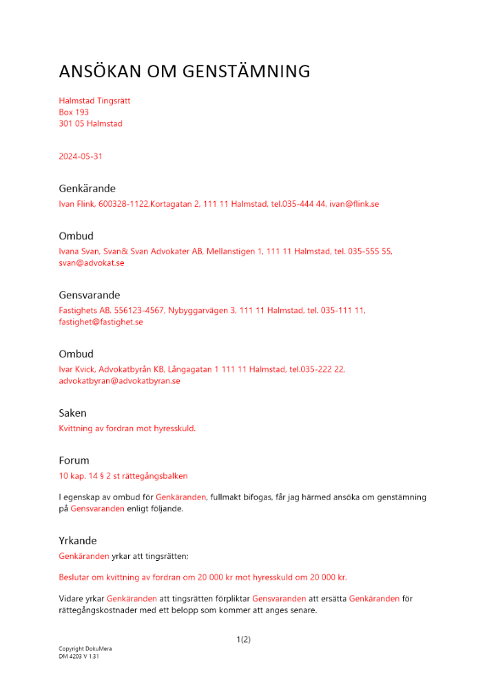 Stämningsansökan (Genstämning) | DokuMera