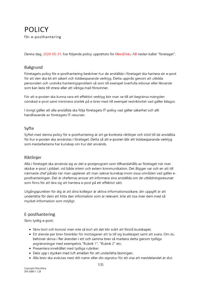 Policy för e-posthantering | DokuMera