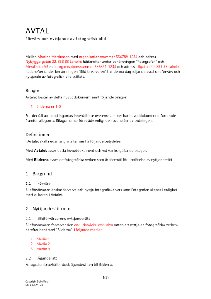 Avtal avseende förvärv och nyttjande av fotografisk bild | DokuMera