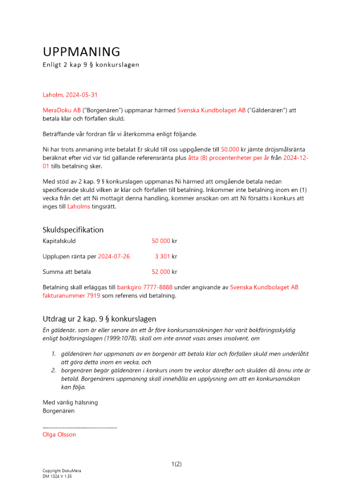 Uppmaning enligt 2 kap 9 § konkurslagen | DokuMera