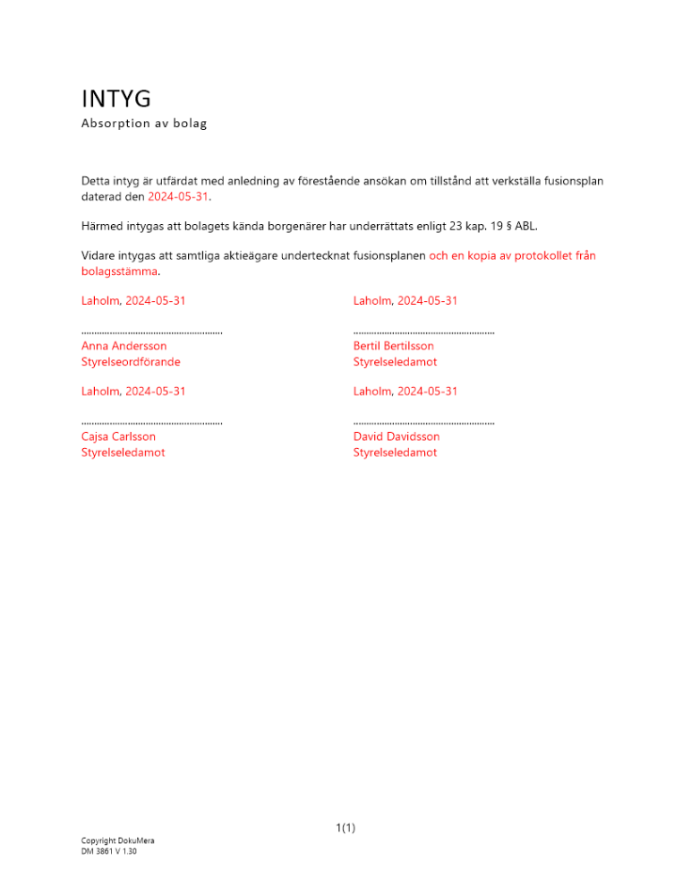 Intyg enl 23 kap 20 § ABL - absorption av bolag | DokuMera