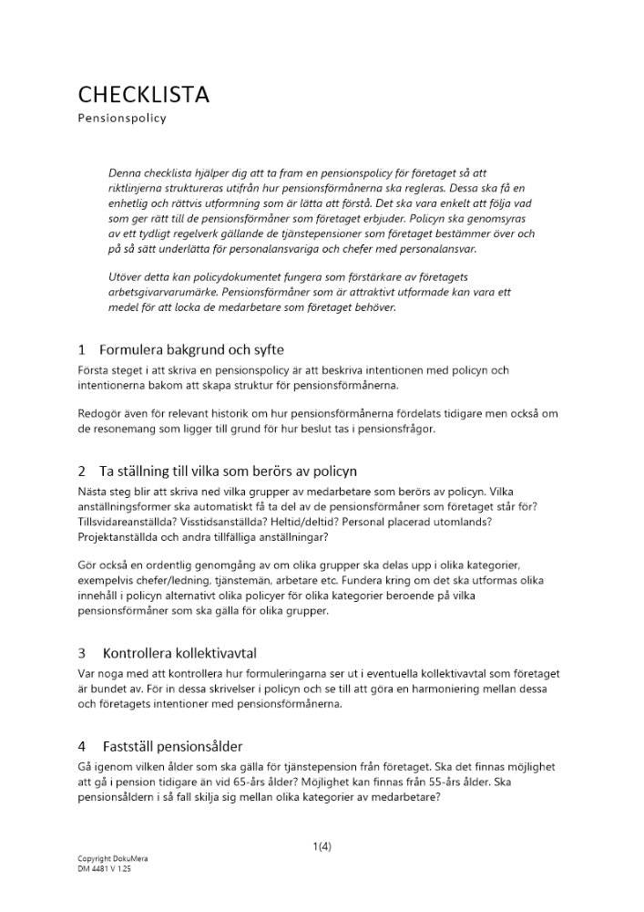 Checklista pensionspolicy | DokuMera