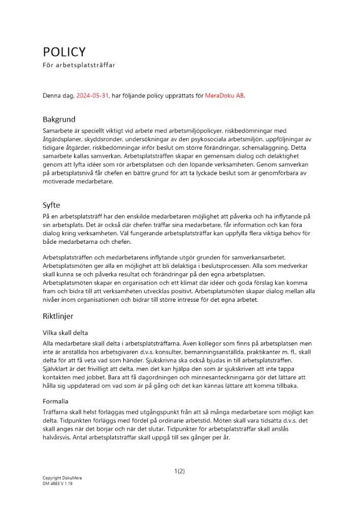 Policy arbetsplatsträffar | DokuMera