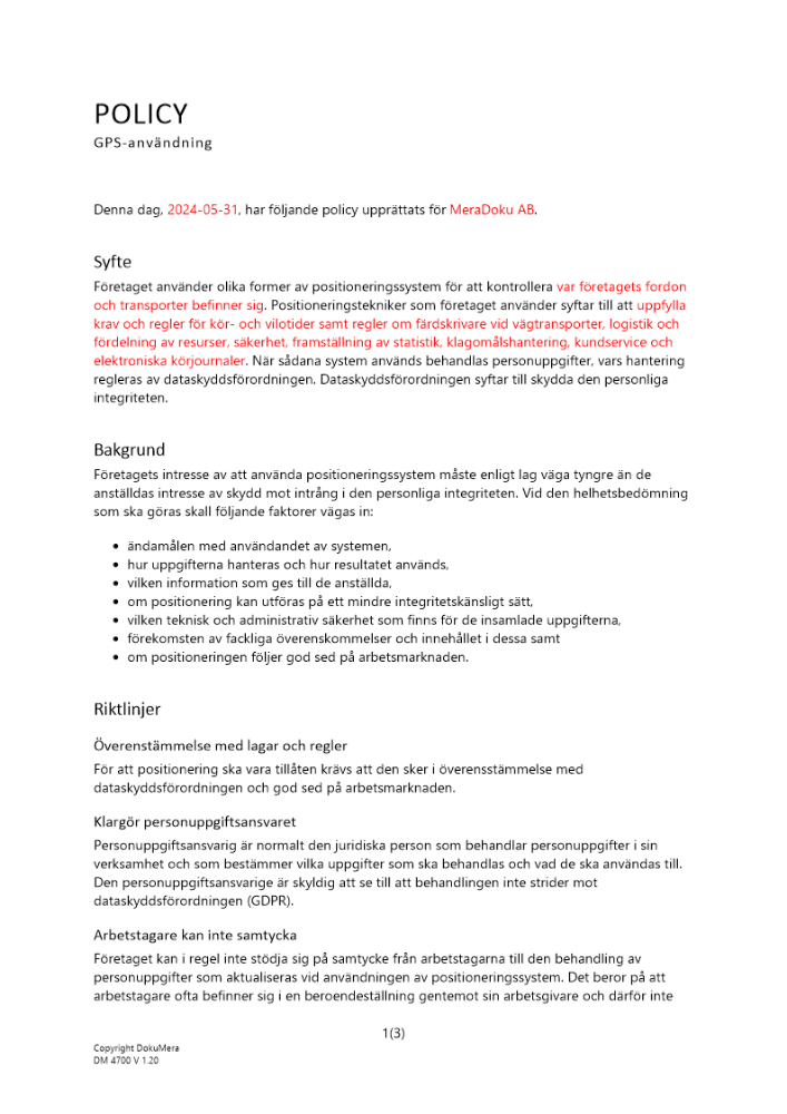 Policy för GPS-användning | DokuMera