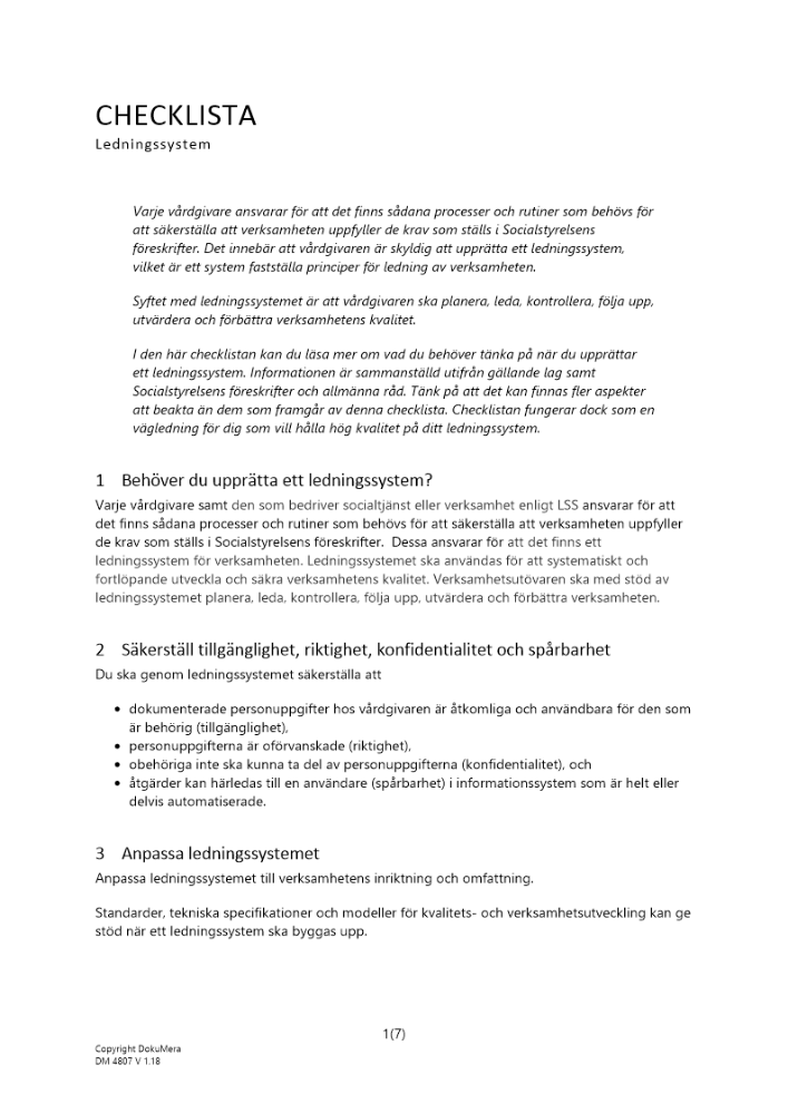 Checklista ledningssystem vårdgivare | DokuMera