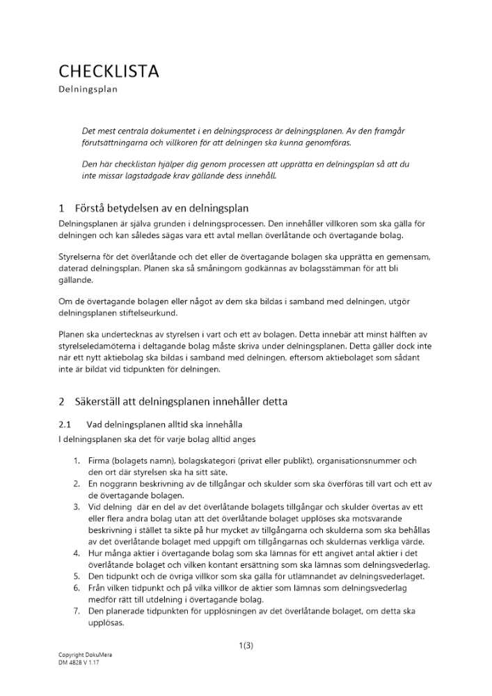 Checklista delningsplan aktiebolag | DokuMera