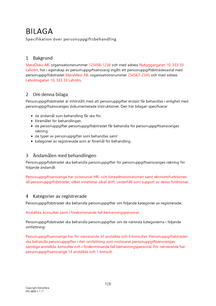 Bilaga specifikation över personuppgiftsbehandling | DokuMera