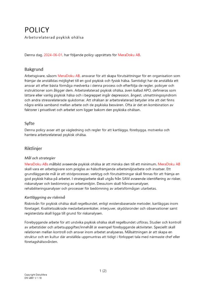 Policy om arbetsrelaterad psykisk ohälsa | DokuMera