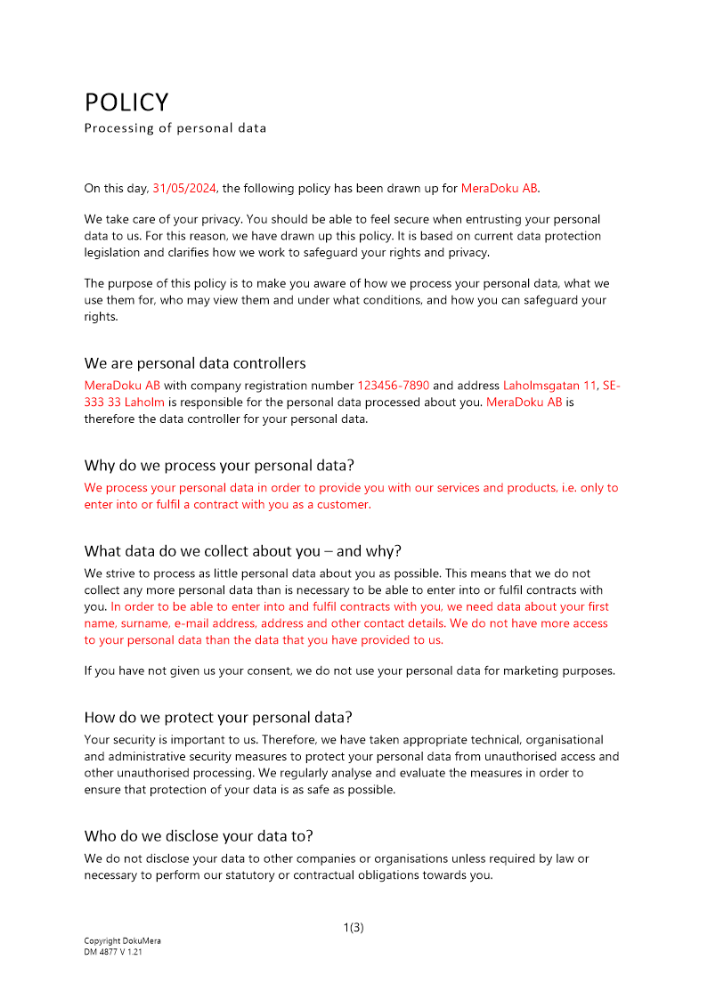 Policy för behandling av personuppgifter Engelsk | DokuMera