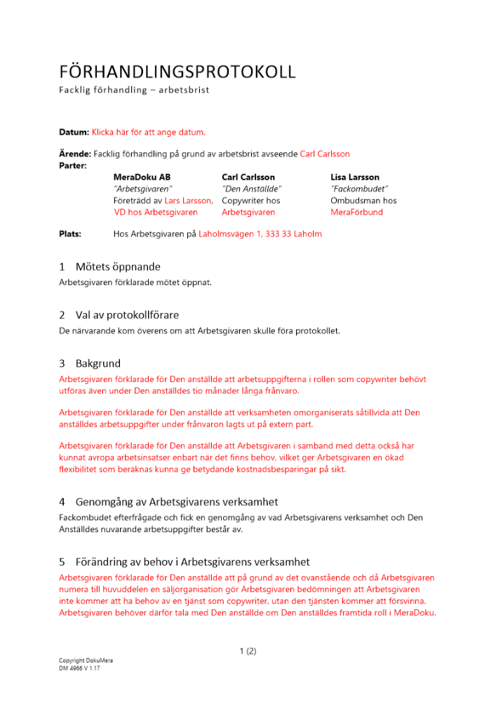 Protokoll facklig förhandling arbetsbrist | DokuMera