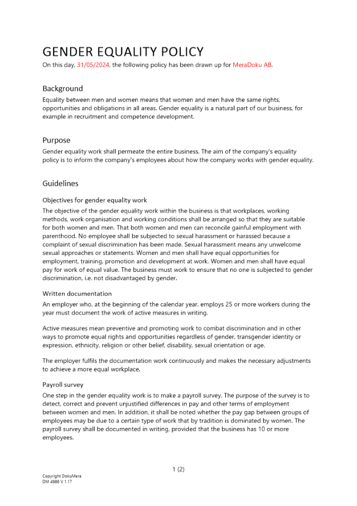 Jämställdhetspolicy Engelsk | DokuMera
