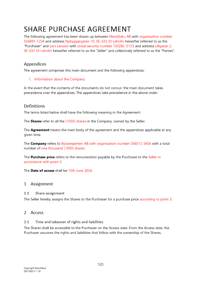 Avtal om överlåtelse av aktier (Kort avtal) Engelsk | DokuMera