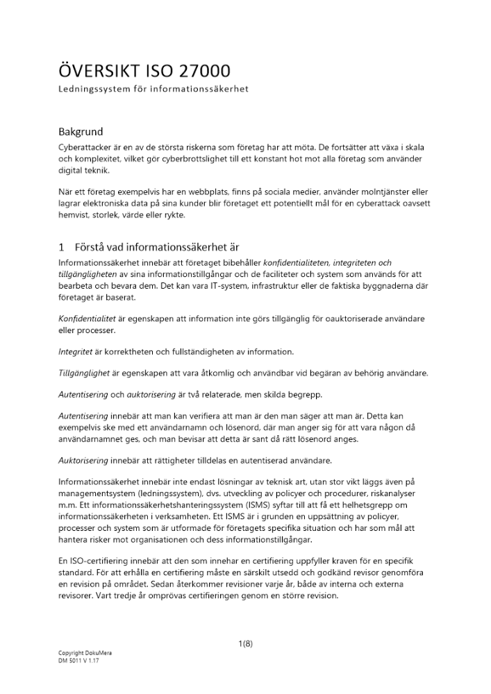 Översikt ISO 27000 - Ledningssystem för informationssäkerhet | DokuMera
