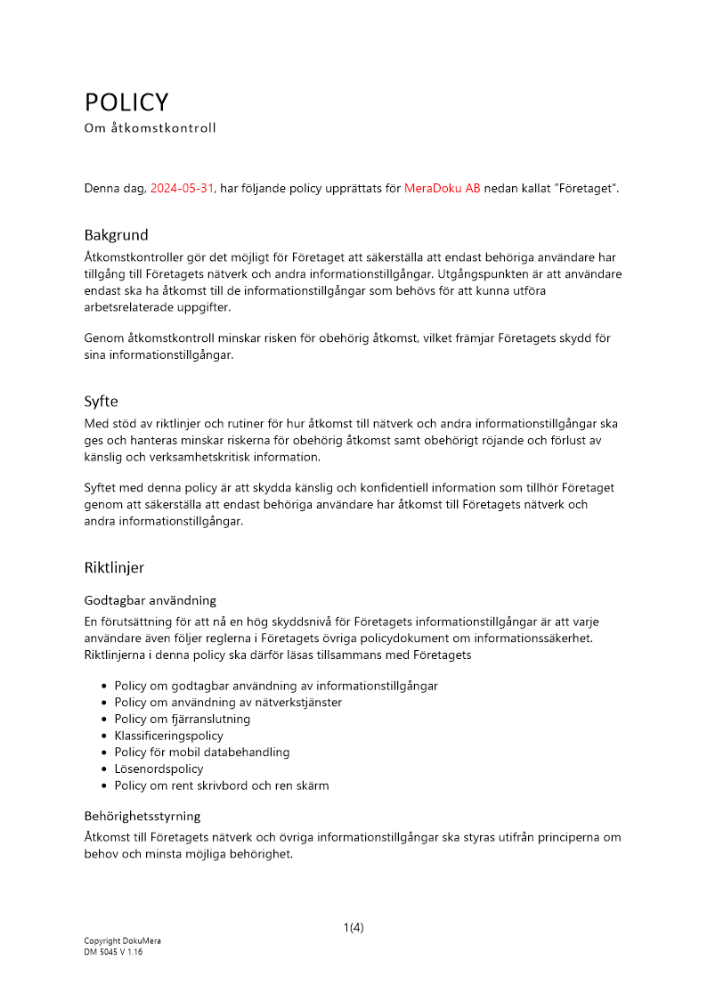 Policy om åtkomstkontroll | DokuMera