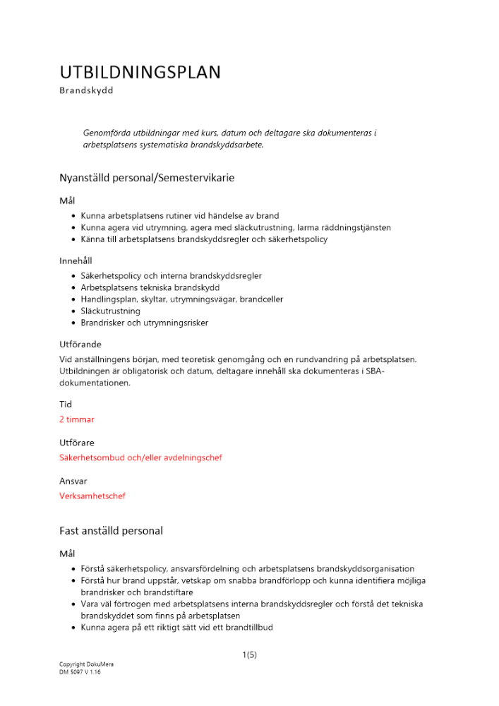 Utbildningsplan - brandskydd - omfattande | DokuMera