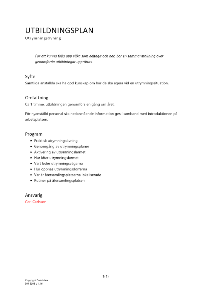 Utbildningsplan - utrymningsövning | DokuMera