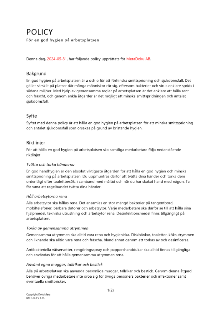 Policy för en god hygien på arbetsplatsen | DokuMera