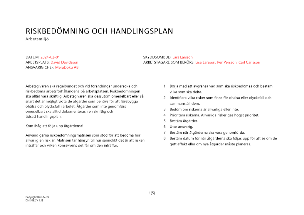 Riskbedömning och handlingsplan - arbetsmiljö | DokuMera