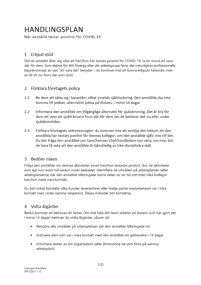 Handlingsplan när en anställd testar positivt för COVID-19 | DokuMera