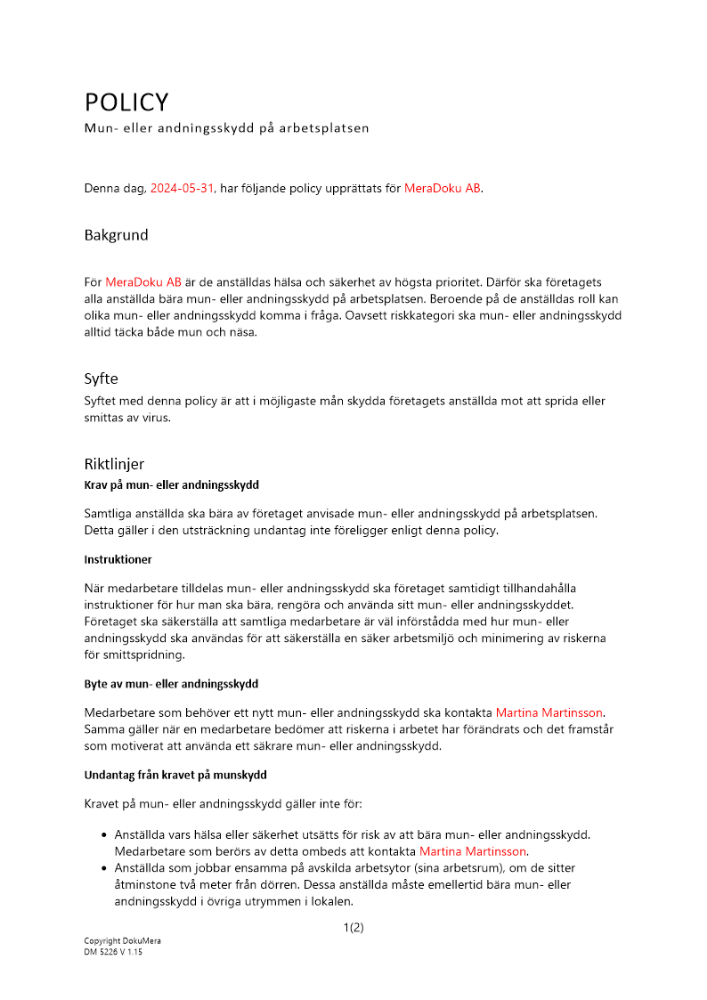 Policy för munskydd på arbetsplatsen | DokuMera